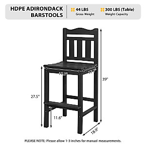 Sundale Outdoor Tall Adirondack Bar Chair Set of 2, HDPE Patio Bar Stools with Backrest, 27.5 Inch Seat Height Tall Bistro Dining Counter Stool, All-Weather Pub Height Chair, Black