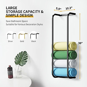 Towel Racks for Bathroom, Towel Holder for Bathroom Wall, Bathroom Towel Holder with Hooks, 304 Stainless Steel Bathroom Towel Rack Wall Mounted for Storing Towels, Robes, Silver