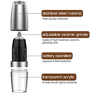 Gravity Electric Salt and Pepper Grinder Set of 2, Adjustable Coarseness, Automatic Mill Grinder, Battery Powered with Blue LED Light, One Hand Operated (Sliver 2 Pack)