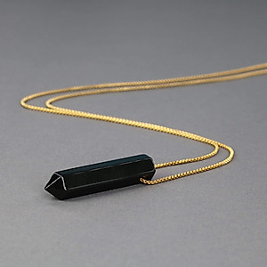 COAI Gemstone Black Obsidian Genuine Stone Hexagonal Pointed Pendant Necklace