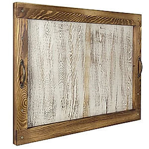 MyGift 30 inch Wood Stove Tray, Solid Burnt Brown and Whitewashed Noodle Board Wooden Stove-Top Cover, Oversized Large Serving Tray with Vintage Metal Handles