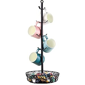 Coffee Mug Holder Stand with 8 Rotatable Hooks, Capsule Storage, Multipurpose Mug Holder, Coffee Station Organizer, Mug Tree for Kitchens, Offices, Parties & More, Black, 10.2(L)x10.2 (W)x24.4(H)inch
