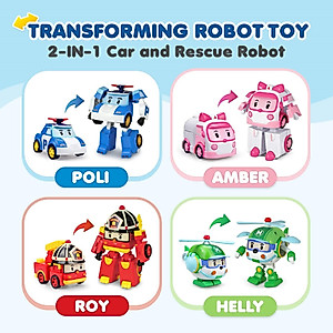 Robocar Poli 4 Pack Poli + Amber + Roy + Helly Transforming Robot Toys, 4" Transformable Action Figure Toy, Emergency Vehicle Playset, Holiday Birthday Rescue Car Toys Gift for Boys Girls Age 1-5