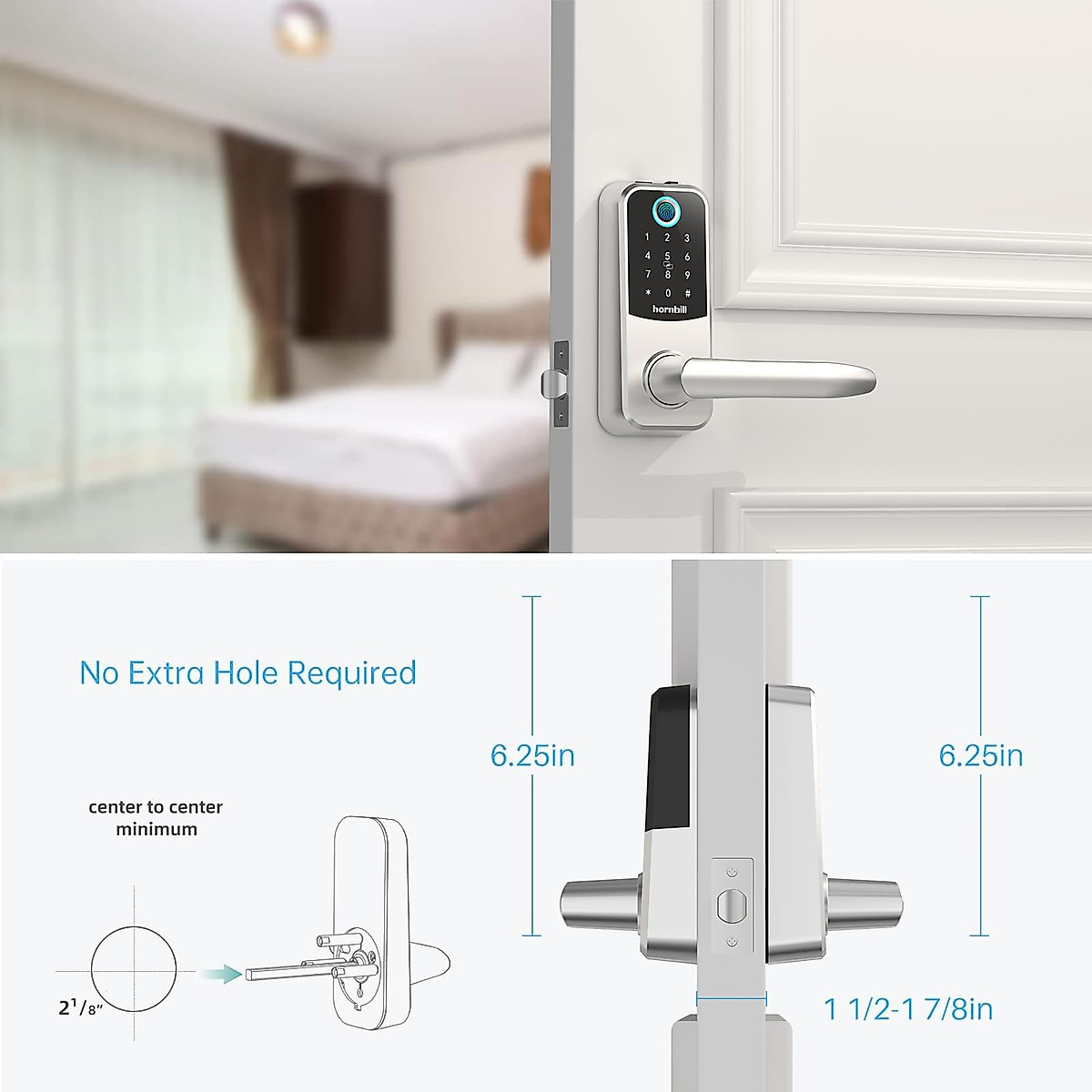 Fingerprint Door Locks with Handle, Hornbill Smart Keyless Entry Locks with Touchscreen Keypad,Bluetooth Front Door Lock, Electronic Digital Deadbolt with Reversible Handle, Free App, Fobs, Code