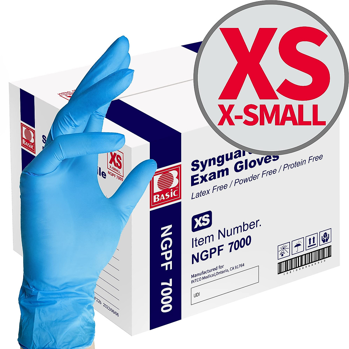 Basic Medical Blue Nitrile Exam Gloves, XS - Latex-Free & Powder-Free - NGPF-7000(Case of 1,000), X-Small