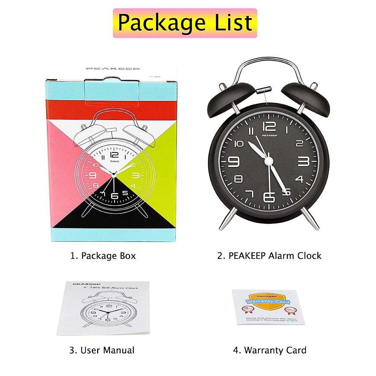 Peakeep 4 Inches Twin Bell Loud Alarm Clock for Heavy Sleepers, Backlight, Battery Operated Old Fashioned Alarm Clock for Bedrooms (Black)