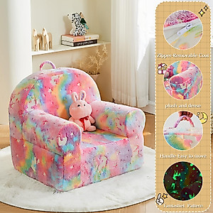 ILPEOD Toddler Chair Sherpa Couch Sherpa Kids Chair, Cuddly Comfy Toddler Plush Chair Toddler Couch Reading Chair for Kids Glow in The Dark Rainbow Pink