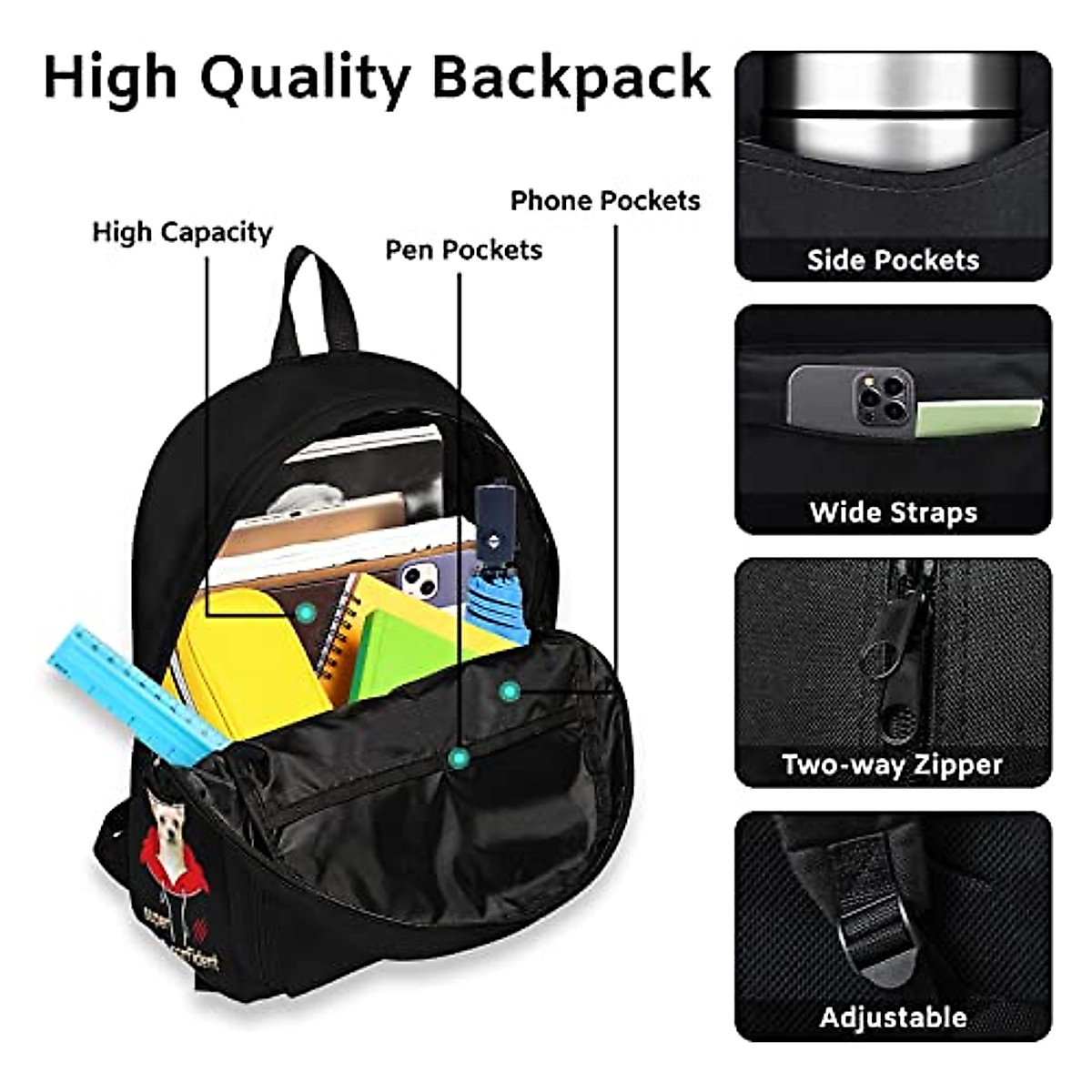 Psxnvid Dog Print Backpack Cartoon Funny Chihuahua Dog Backpacks Travel Hiking Laptop Backpack for Men Women Girls Boys