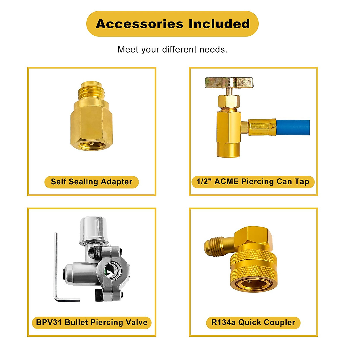 Belleone R134a Refrigerant Recharge Kit with BPV31 Bullet Piercing Valve and R134a Quick Coupler, R134a/R-12/R-22 Freon Refrigerant Hose Can Tap Kit for A/C System - Easy to use