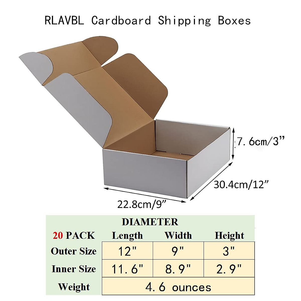 RLAVBL 12x9x3 Inches Shipping Boxes Set of 20, White Corrugated Cardboard Box, Mailer Boxes for Packing Small Business