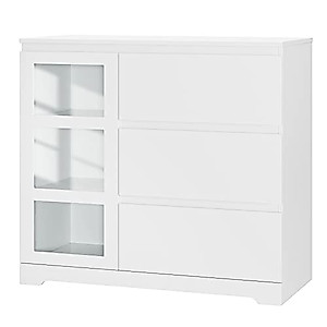 FOTOSOK Modern 3 Drawer Dresser, White Dresser Wide Chest of Dresser with Glass Door & 3 Drawers, Storage Drawer Cabinet for Living Room Hallway