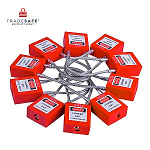 TRADESAFE Lockout Tagout Steel Cable Locks with Keys,10 Red Keyed Different Electrical Lockout Padlock Set, 2 Keys per Lock, OSHA Compliant, Premium Grade