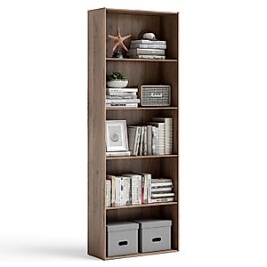 Tangkula 5-Shelf Bookcase, 23.5''L x 9.5''W x 67''H, Multi-Functional Wood Storage Display Open Bookshelf for Home Office (Walnut)