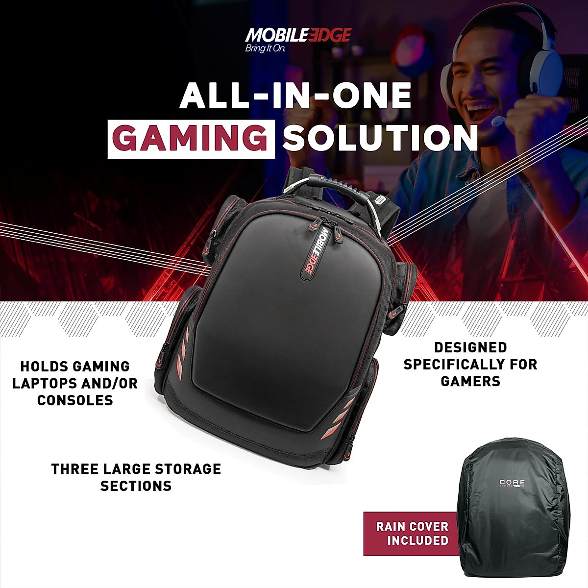 Mobile Edge Core Gaming Laptop Backpack, Molded Front Panel, 17 - 18 Inch, External USB 3.0 Quick-Charge Port and Built-in Charging Cable ScanFast TSA Checkpoint Friendly Black w/Red Trim MECGBP1