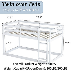 Bunk Bed Twin Over Twin, Floor Bunk Bed with Ladder, Solid Rubber Wooden Low Twin Bunk Beds for Kids Teens , Ideal for Multiple-Child Family, Apartment, Dormitory, No Box Spring Needed,White
