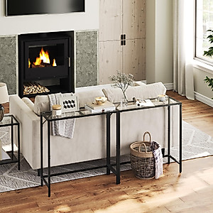 MAHANCRIS Console Table, 27" Narrow Behind Sofa Table, Tempered Glass Entryway Table with Metal Frame, Adjustable Feet, Industrial Style, for Entrance, Living Room, Hallway, Balcony, Black CTH68B01