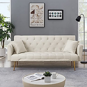 FANYE Tufted Daybed,Modern Convertible Futon & Sofabed,Soft Velvet Upholstered Metal Legs Loveseat Sofa Convenient Nap Sleeper Couch Bed for Home Office Apartment Living Room Furniture Sets, Beige