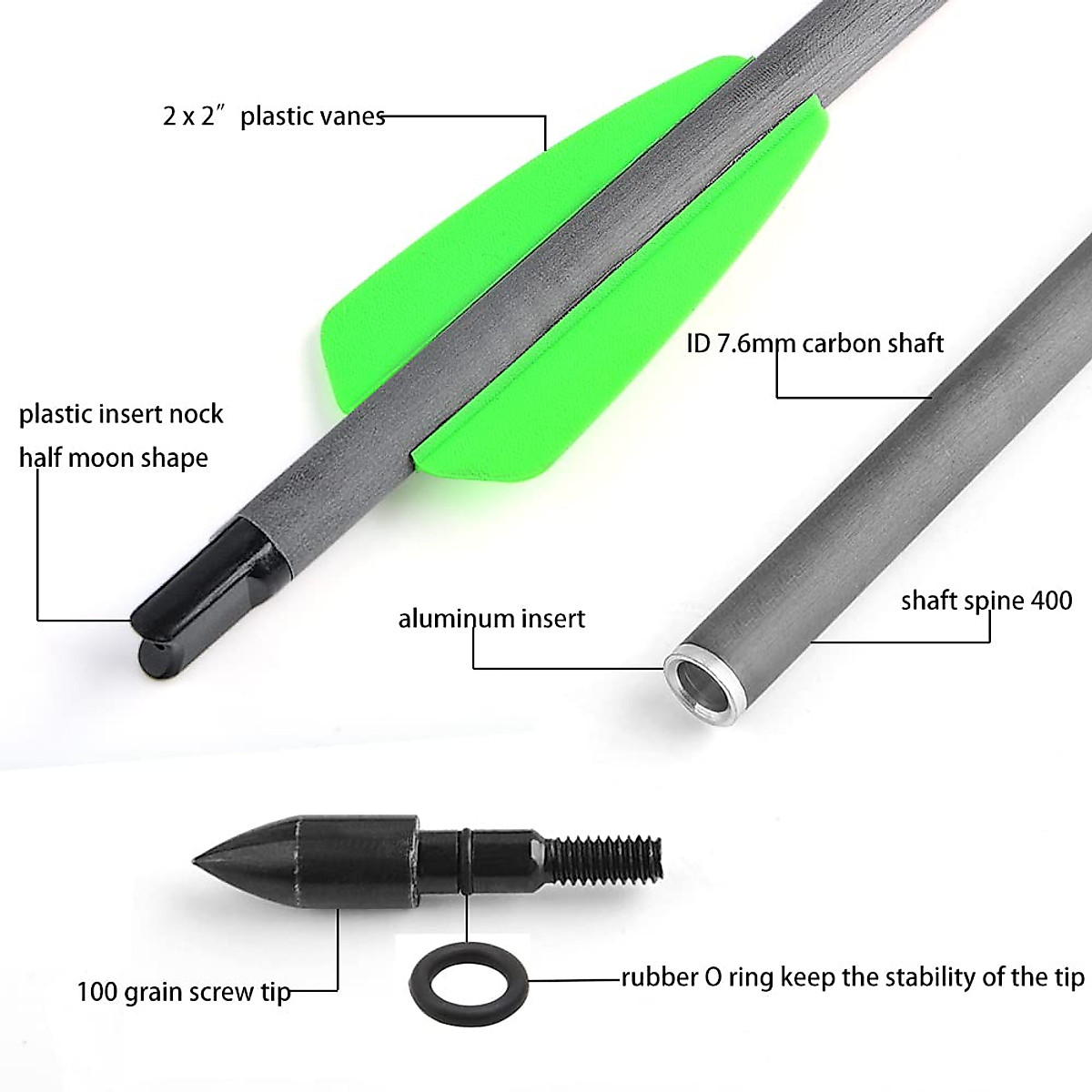 ZSHJGJR 7.5" Crossbow Bolts Carbon Arrows with 2 inch Green Vanes and 100 Grain Removable Tips for Outdoor Hunting Bow Shooting Practice 6/12 Pack (6pcs arrows + 6pcs broadheads)