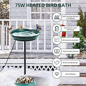 Heated Bird Bath for Outdoors for Winter, 75W Bird Bath Water Heater Bird Bath Deicer,Deep Bowl Thermostatic Control Weather Resistance Stylish Design with Planter Pedestal for All Seasons(Green)