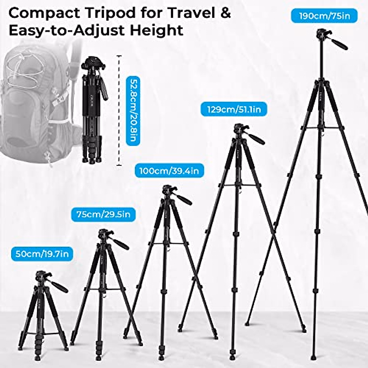 ZIKZOK 75 Inch Camera Tripod, Lightweight Travel Aluminum Cell Phone Video Tripod for DSLR/SLR/DV/GoPro/iPhone with Bag (Weight 2.8Lbs/Load 11Lbs)