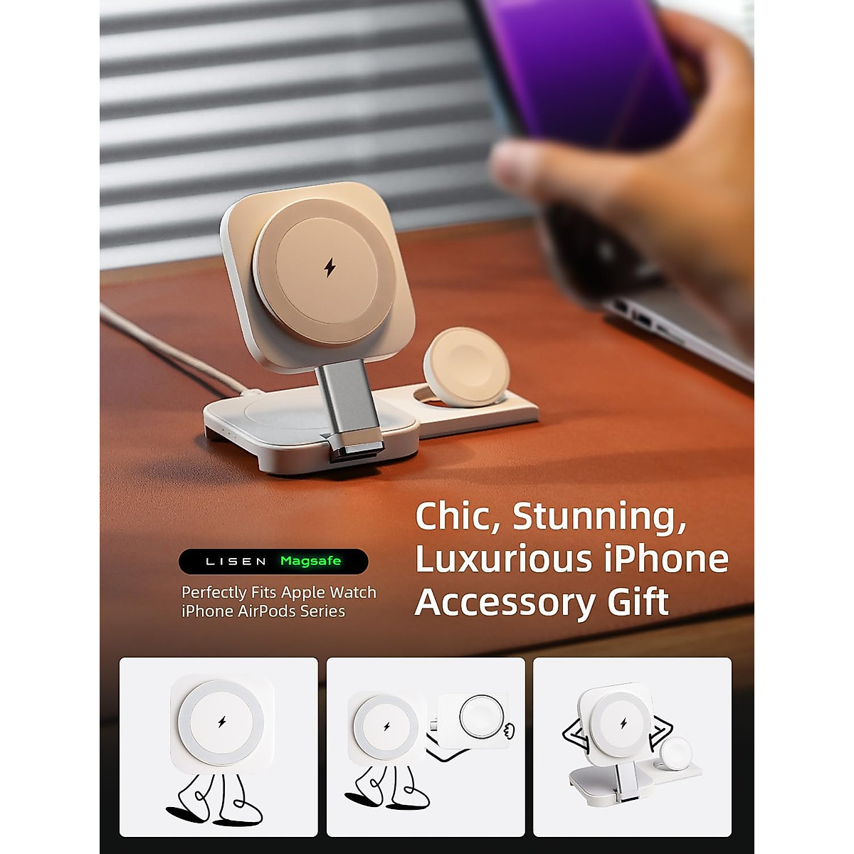 LISEN 3 in 1 Charging Station for Apple Devices Magsafe Wireless Charger Pad for iPhone, Travel Wireless Charging Station for Multiple Devices Fits iPhone 15 Pro Max Magsafe Charger Airpods I Watch