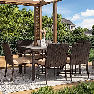 BELLEZE Rattan Patio Set 7 Piece, Slatted Wicker Dining Table and Chairs, Outdoor Furniture with Umbrella Cutout, Removable Cushions for Porch - Mariel (Brown)