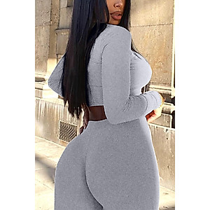 Mulisky 2 Piece Outfits for Women Long Sleeve Crop Top Sweatsuit Tracksuit Long Pants Set Sports Jumpsuit Grey L