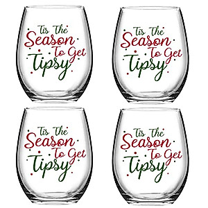 This the Season to Get Tipsy Christmas Stemless Wine Glass, Set of 4 Christmas Wine Glasses, Gift ideas for Christmas Holiday Wedding, Funny Wine Glasses for Women Friends Men family Wino, 15 Oz