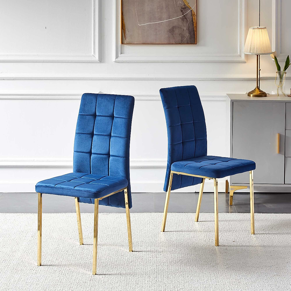 NORDICANA Upholstered Velvet Dining Chairs Classic Kitchen High Back Chairs Set of 4, Featured Dovetail Tufted Side Chairs, Golden Color Metal Legs, Navy Blue