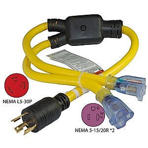 Conntek YL530520S 30-Amp 125-volt L5-30P Generator Y-Adapter Male Plug to U.S. 15/20-Amp Female Connectors