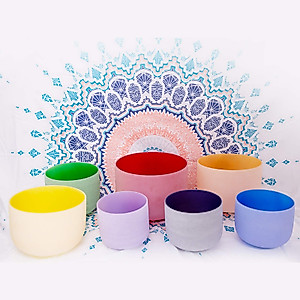 7"-12" 432Hz Chakra Tuned Set of 7 Colored Frosted Quartz Crystal Singing Bowl