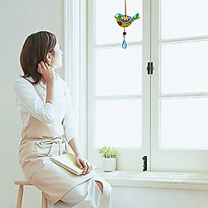 Fused Glass Bird Window Suncatcher,Indoor and Outdoor Hanging Decoration,with Crystal Pendant and Suction Cup,2 Pack Ornament for Home and Garden