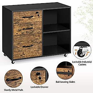 Yaheetech Lateral File Cabinet with Lock for Letter, A4 Size, 3 Drawer Printer Stand with Open Storage Compartments, Mobile Filing Cabinet for Home Office, Black/Rustic Brown