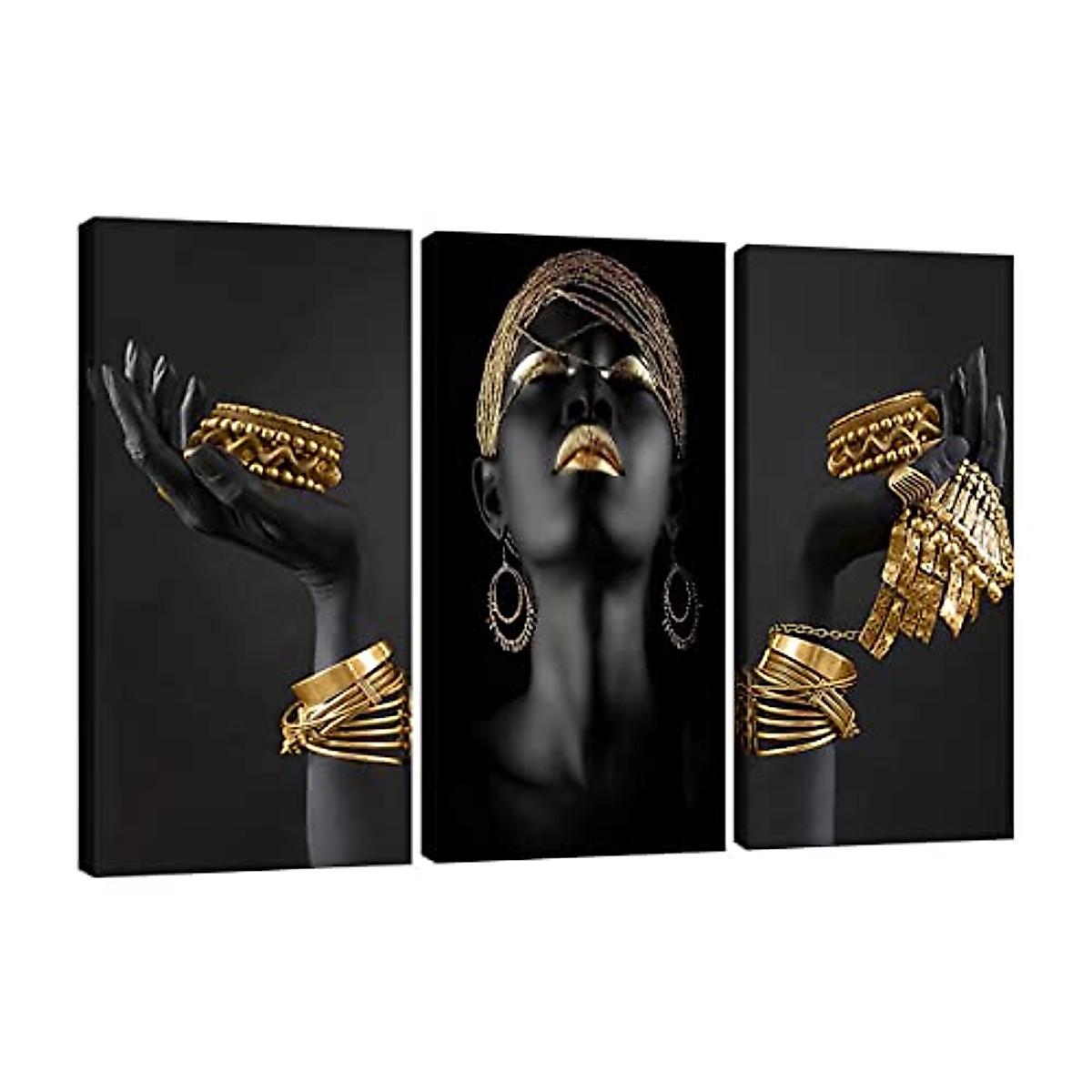 African Picture Wall Decor, Black Gold Wall Art Canvas Prints African Woman Paintings for Living Room Bedroom Bathroom Home Decor Framed (12''W x 24''H x3)
