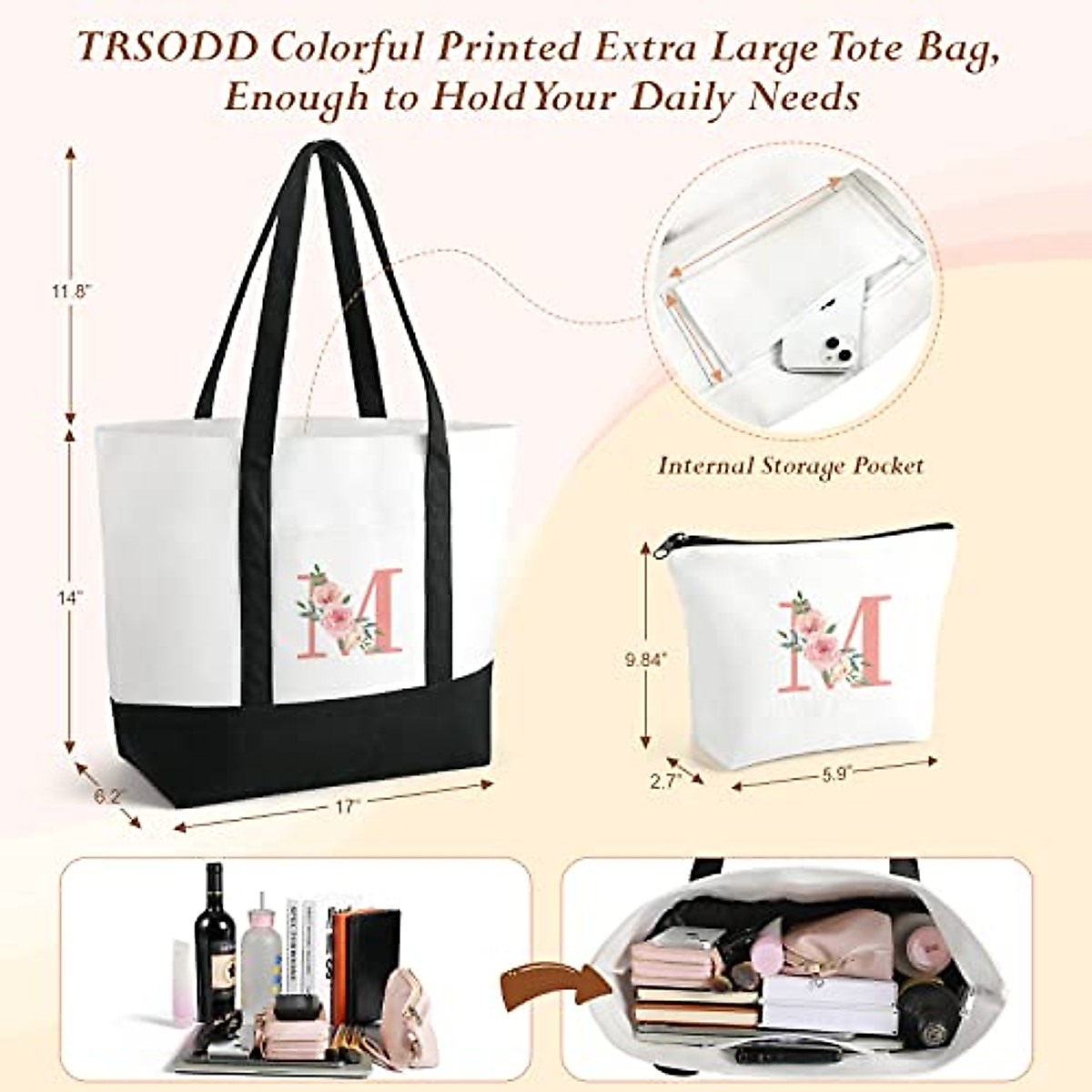 Floral Ini-tial Large Tote Bag for Women, Can-vas Beach Bag w Makeup Bag, Personalized Friend 50th Birthday Bridesmaid Bridal Shower Mothers Day Gifts w Inner Pocket, Top Zi-pper, Gift Box, Card J