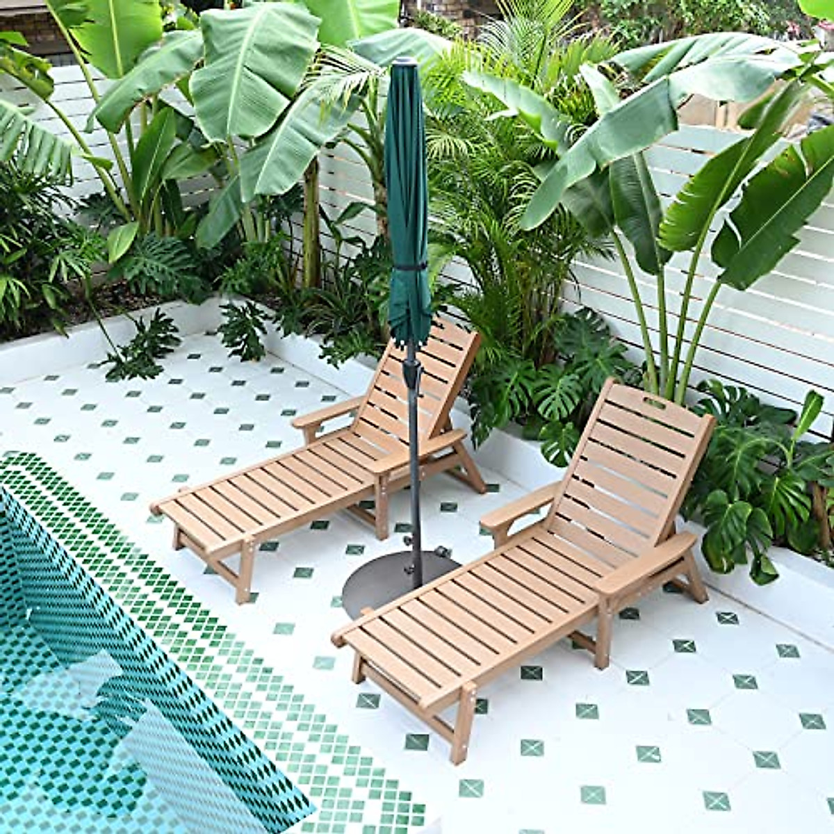 Psilvam Chaise Lounges Set of 4, Lounge Chairs with Adjustable Backrest, Supports Up to 350 lbs, All Weather Recliner Poly Lumber Lounges Bed for Poolside, Porch, Patio(Light Brown) (4)