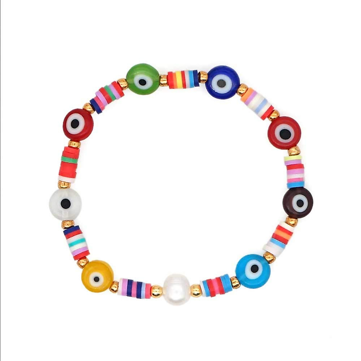 2Pcs/Set Rainbow Clay Beads Evil Eye Bracelets Set Stackable Beaded Handwoven Colorful Bracelet Surfer Summer Boho Layering Friendship Jewelry for Women Men Girls Boys Beach Gift