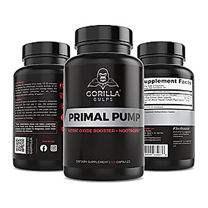 Gorilla Gulps - Primal Pump Nitric Oxide Supplement Nootropic 1500mg Nitrosigine L Arginine & Beet Root for Muscle Growth, Pumps, Blood Flow, Energy & Focus - Max Strength Pre Workout N.O. Booster