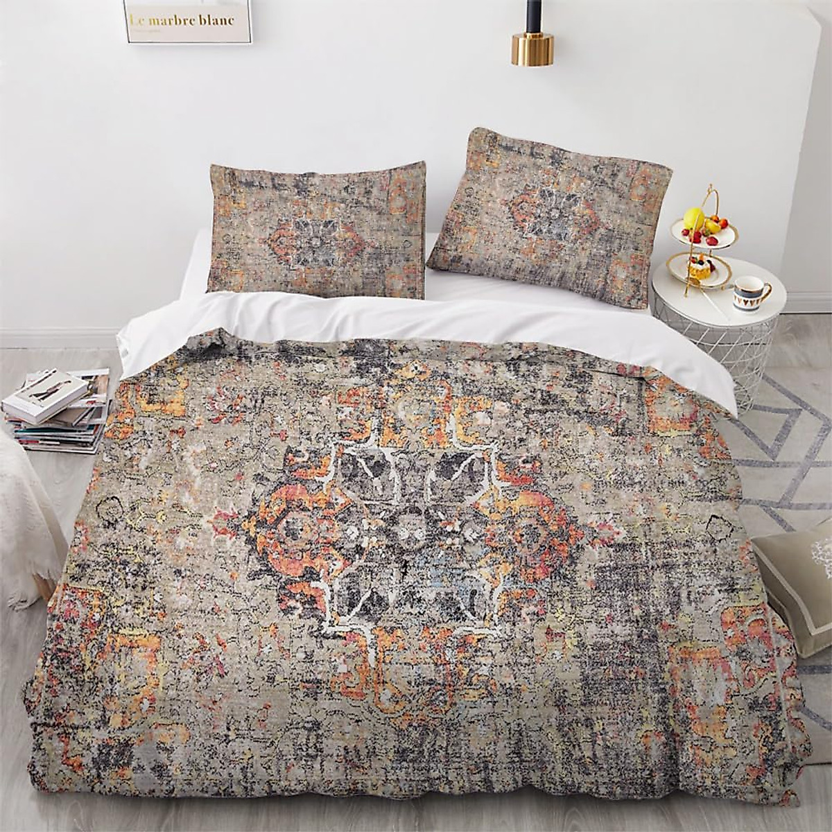 GABADU Vintage Nationality Distressed Duvet Cover, Traditional Pattern Print Bedding 3 Piece Set, Printing Comforter Cover and 2 Pillowcases, Soft Microfiber with Zipper and Ties (King/90"x104")