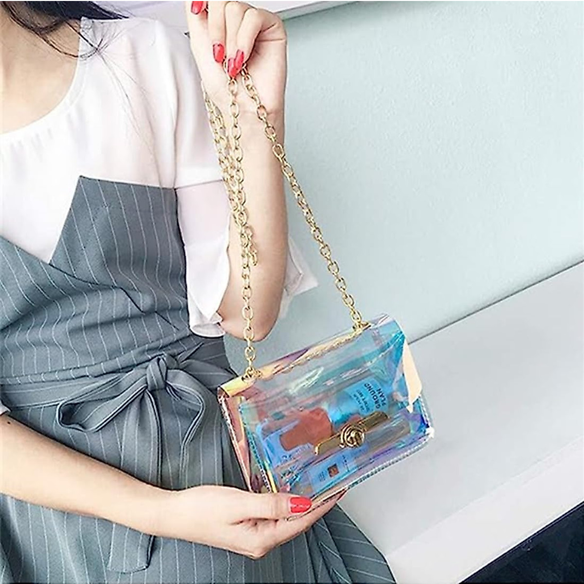 Women Girls Small Holographic Iridescent Clear Purse Crossbody Shoulder Bag