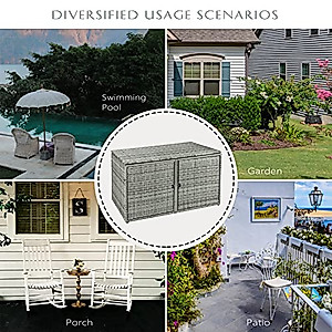 Outdoor 110 Gallon Rattan Deck Box, Wicker Patio Storage Cabinet Waterproof Storage Double Openable Door Cabinet Rattan Storage Deck Box with Lid and Separate Storage Shelf for Garden, Patio, Porch, Yard, can Store Cushions, Tools, Toys,Gray