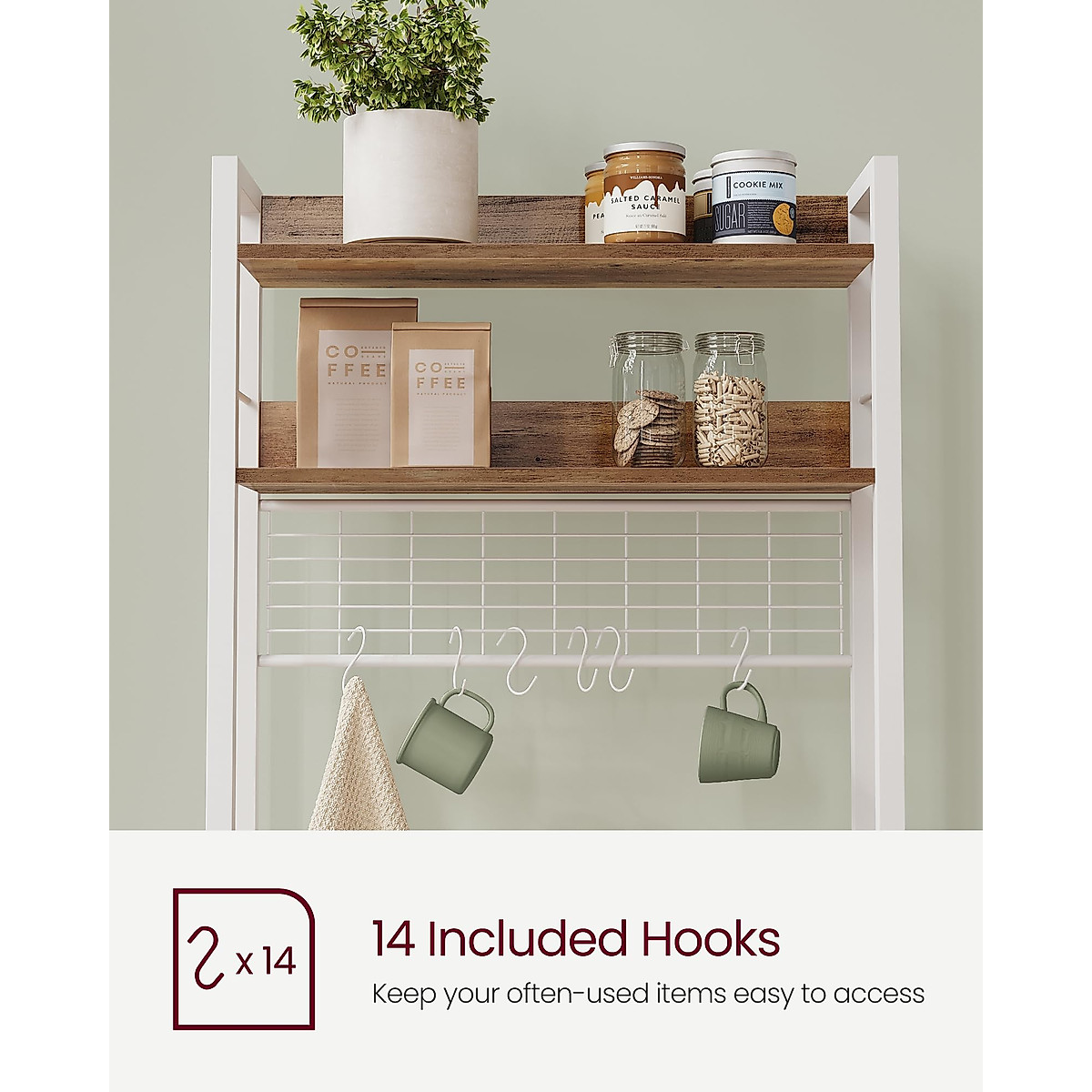 VASAGLE Hutch Bakers Rack with Power Outlet, 14 Hooks Microwave Stand, Adjustable Coffee Bar with Metal Wire Panel, Kitchen Storage Shelf, 15.7 x 23.6 x 66.9 Inches, Rustic Walnut and White UKKS037W41