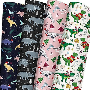 WAPLIGHAL Dinosaur Christmas Wrapping Paper for Boys Girls Kids - Funny Dinosaurs on White Pink Black Designs - Gift Wrap for Birthday, Baby Shower, Holiday - 8 Sheets, Each 20 x 29 Inches, Recycled, Easy to Store