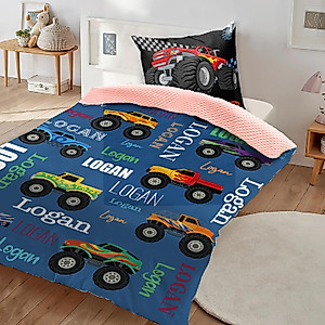 Custom Name Blanket - Personalized Flannel Bed Blanket with Double Layer Dotted Backing - Car Monster Truck Tractor Excavator Train with Multi-Fonts Name Design for Baby Kids Boys Girls Gifts Color08