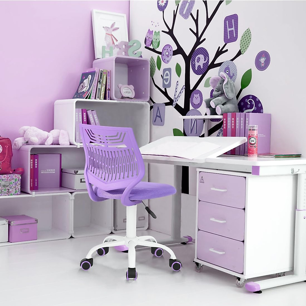 FurnitureR Desk Chair Armless Kids Study Chair Swivel Adjustable with Rolling Wheels, Computer Task Chair Armless Cute Home Office Chair with Mesh Soft Cushion Plastic Low Back, Purple