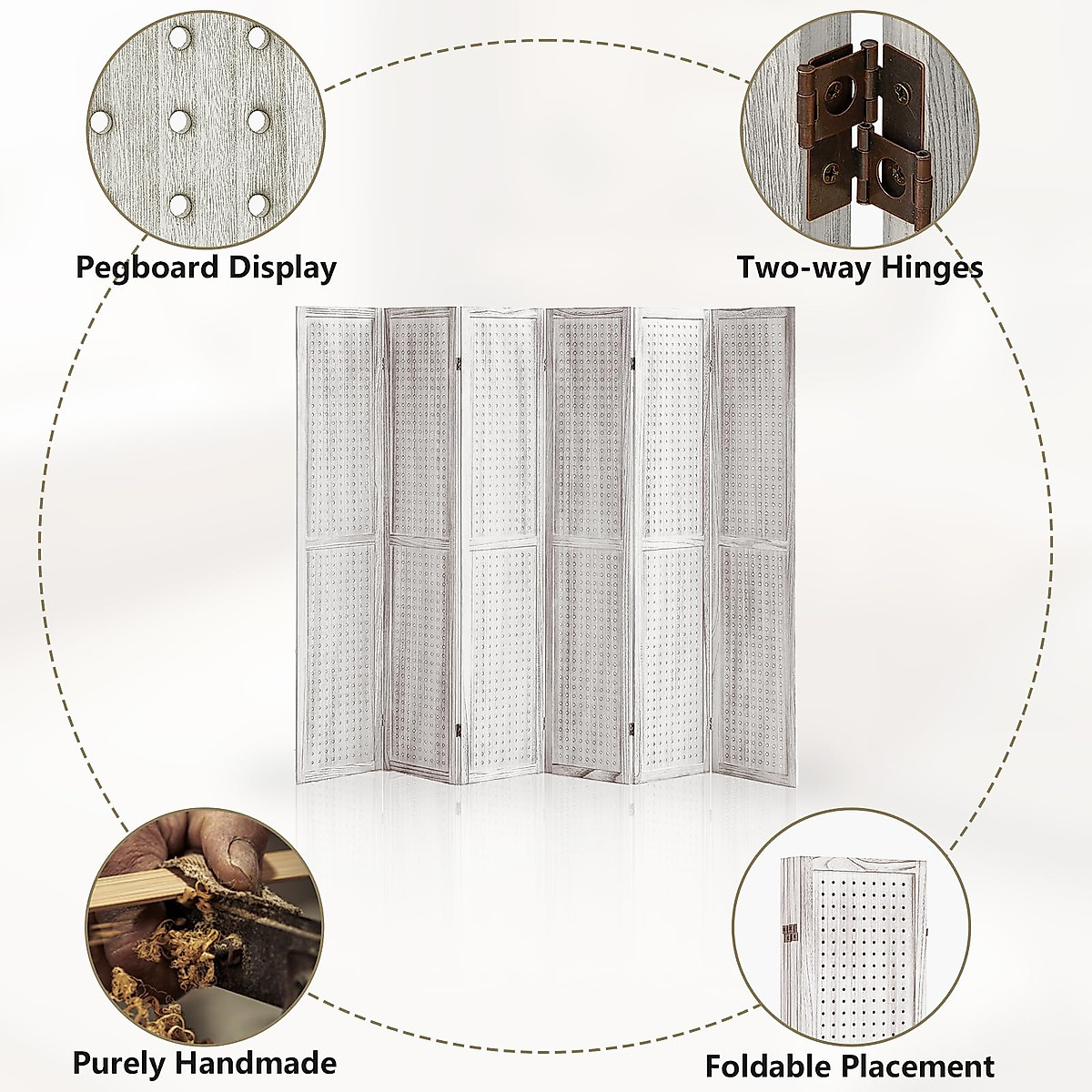 Leesinwing 6 Panel Room Dividers and Folding Privacy Screens, 5.6Ft Wooden Pegboard Display, Privacy Dividers for Bedroom, Portable Dispxlay Board Organizer for Store, Jewelry Display, White