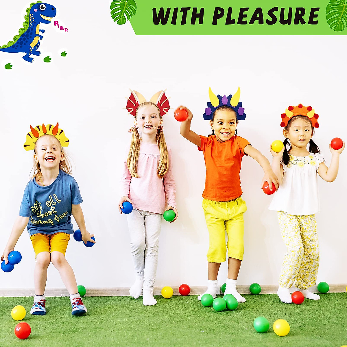 Flying Childhood 8Pcs Dinosaur Headbands Party Hats for Girls Boys Birthday Decorations Supplies Favors Felt Dragon Headpiece as Kids Toddlers Photo Booth