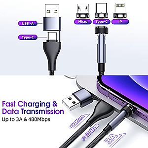 360°&180° Rotation Magnetic Charging Cable, 5 in 1 Magnetic Phone Charger Cable 3-Pack [3ft/6ft/10ft] Fast Charging Cable Support Data Transfer Nylon-Braided Cord for iPhone/Micro USB/Type C -Black
