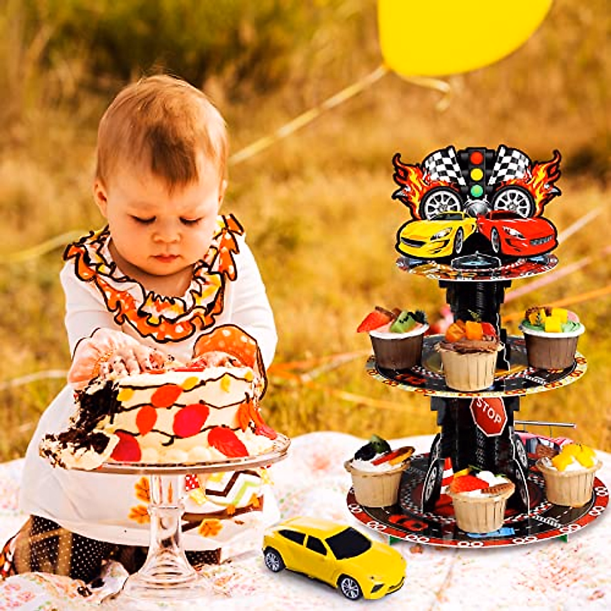 3 Tier Race Car Party Decorations Cupcake Stand Truck Car Party Favors Cupcake Holder Car Theme Dessert Stand Racing Truck Party Dessert Tower for Boys Kids Birthday Race Car Party Supplies Decor