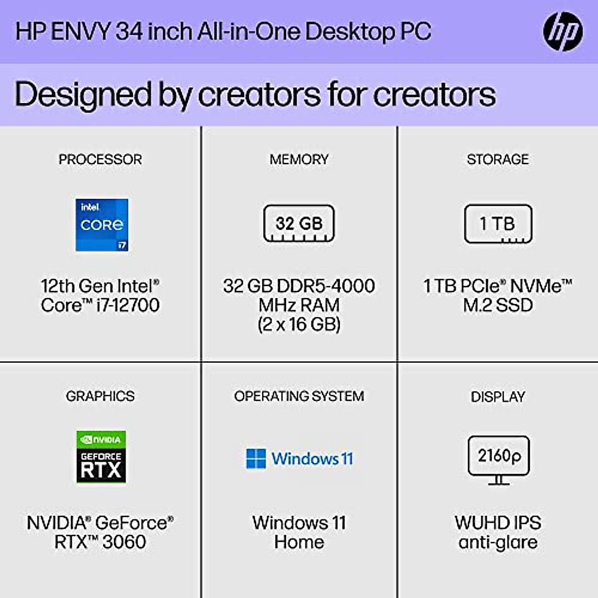 HP Envy 34 inch All-in-One Desktop PC, WUHD Display, 12th Generation Intel Core i7-12700, 32 GB RAM, 1 TB SSD, NVIDIA GeForce RTX 3060 Graphics, Windows 11 Home, 34-c1050 (2023)